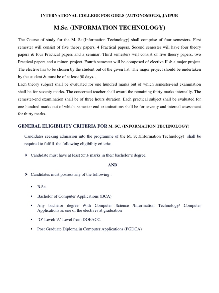 MSc IT Course Details at International College for Girls | PDF ...