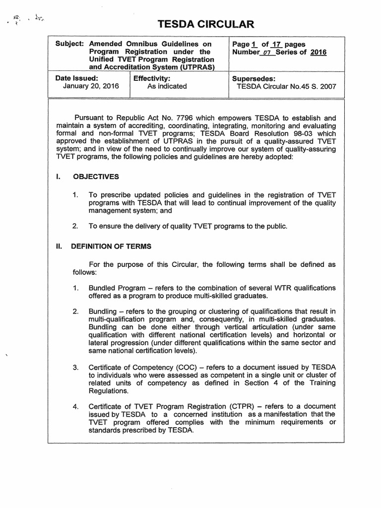CIRCULAR 007 2016 Amended UTPRAS Guidelines | PDF | Vocational ...