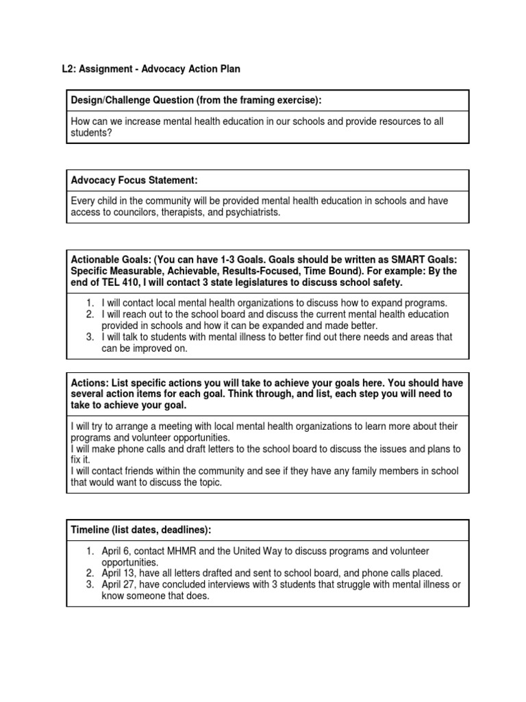 l2 Assignment - Advocacy Action Plan | PDF | Mental Health | Goal