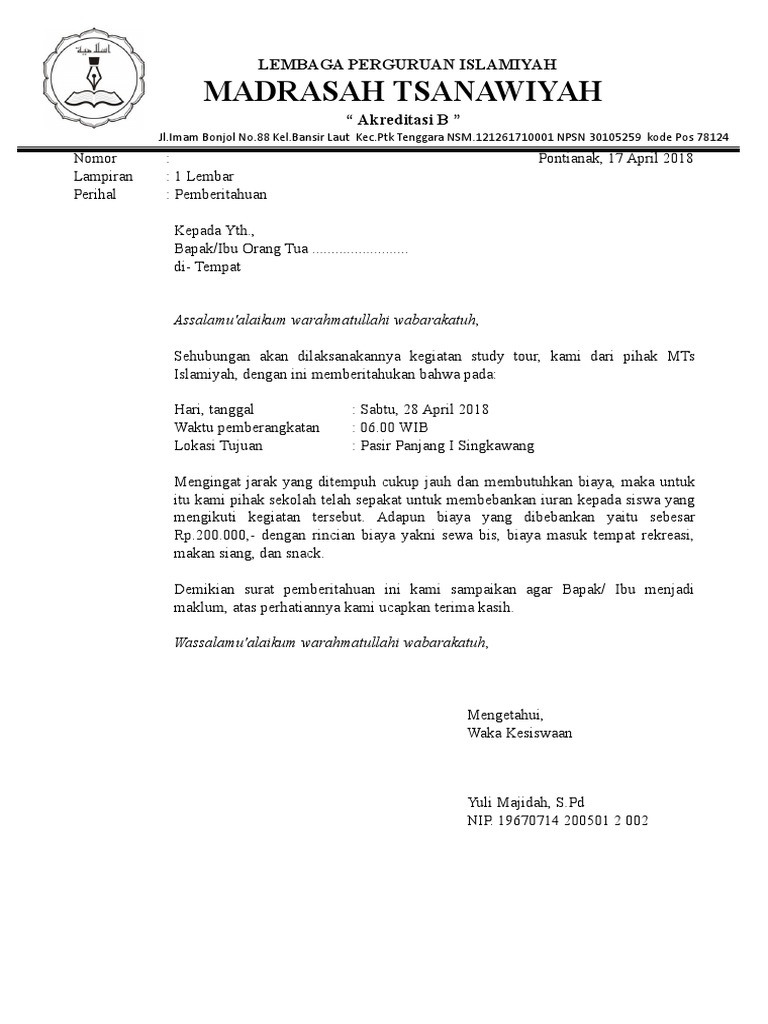 Format Surat Edaran Sekolah Tentang Study Tour | PDF