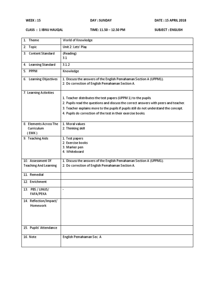 15.4.2018 Lesson Plan Bi Y1 | PDF | Lesson Plan | Educational Psychology