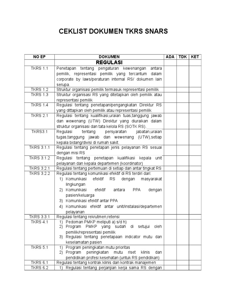 Ceklist Dokumen Tkrs Snars Oks | PDF