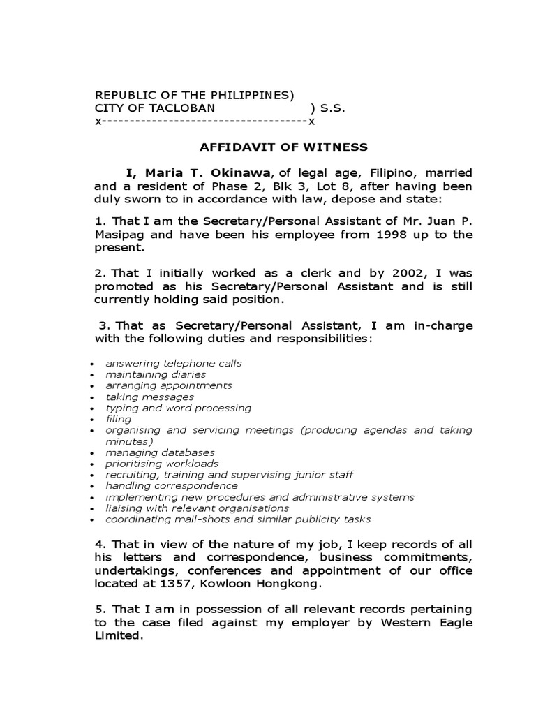Affidavit of A Witness | PDF | Affidavit | Secretary
