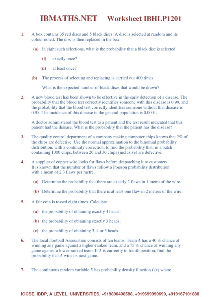IB Maths Worksheet Probability | PDF | Mean | Probability Distribution