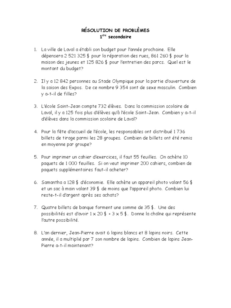 Résolution de Problèmes - Secondaire 1 | Télécharger gratuitement PDF ...