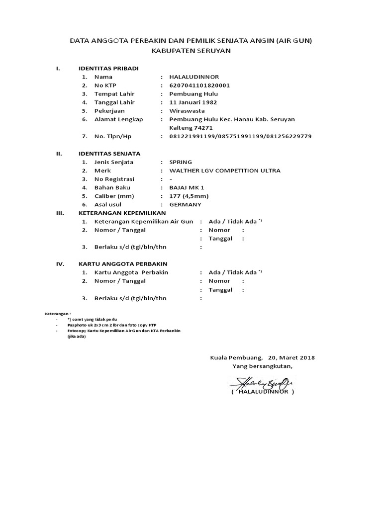 Data Anggota Perbakin Dan Pemilik Senjata Angin A | PDF