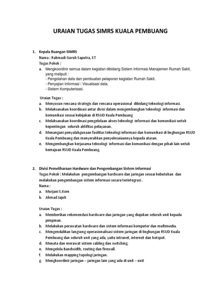 Uraian Tugas SIMRS RSUD Kuala Pembuang | PDF | Bisnis | Komputer