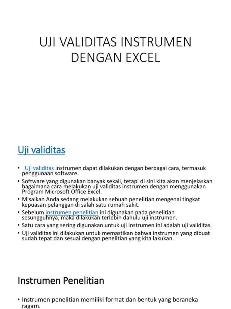 Uji Validitas Instrumen Dengan Excel | PDF | Metode & Bahan Ajar