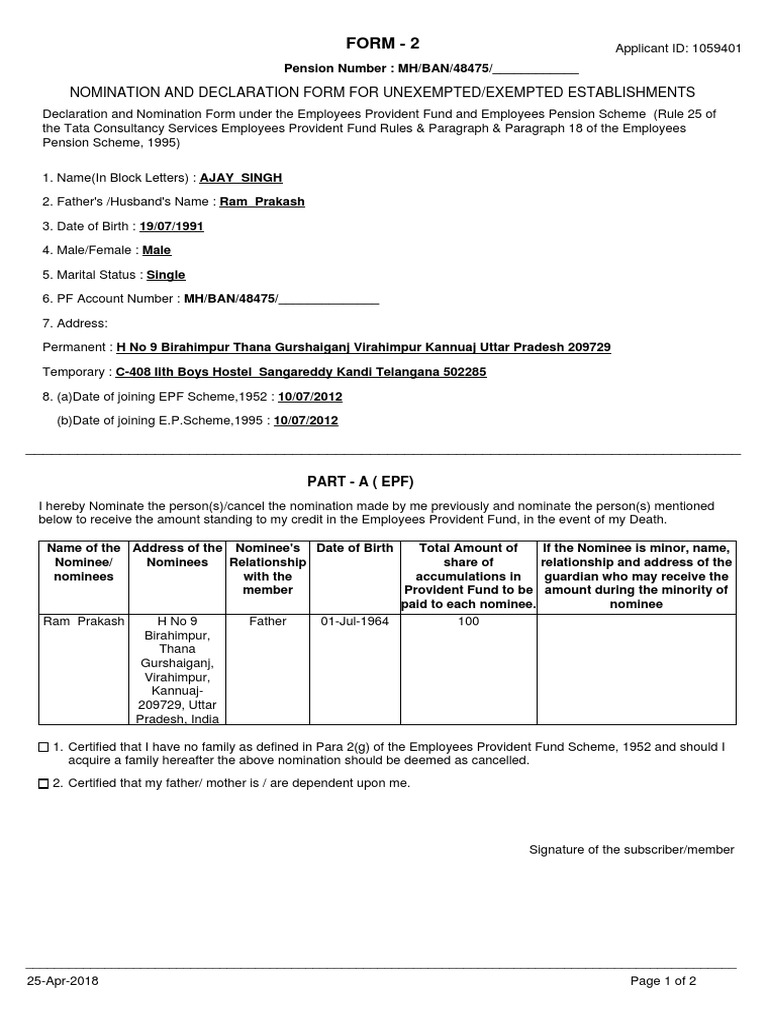 Form - 2: Nomination and Declaration Form For Unexempted/Exempted ...