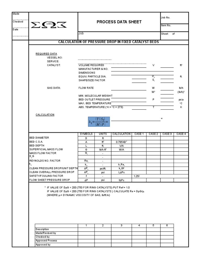 Process Data Sheet: Calculation of Pressure Drop in Fixed Catalyst Beds ...