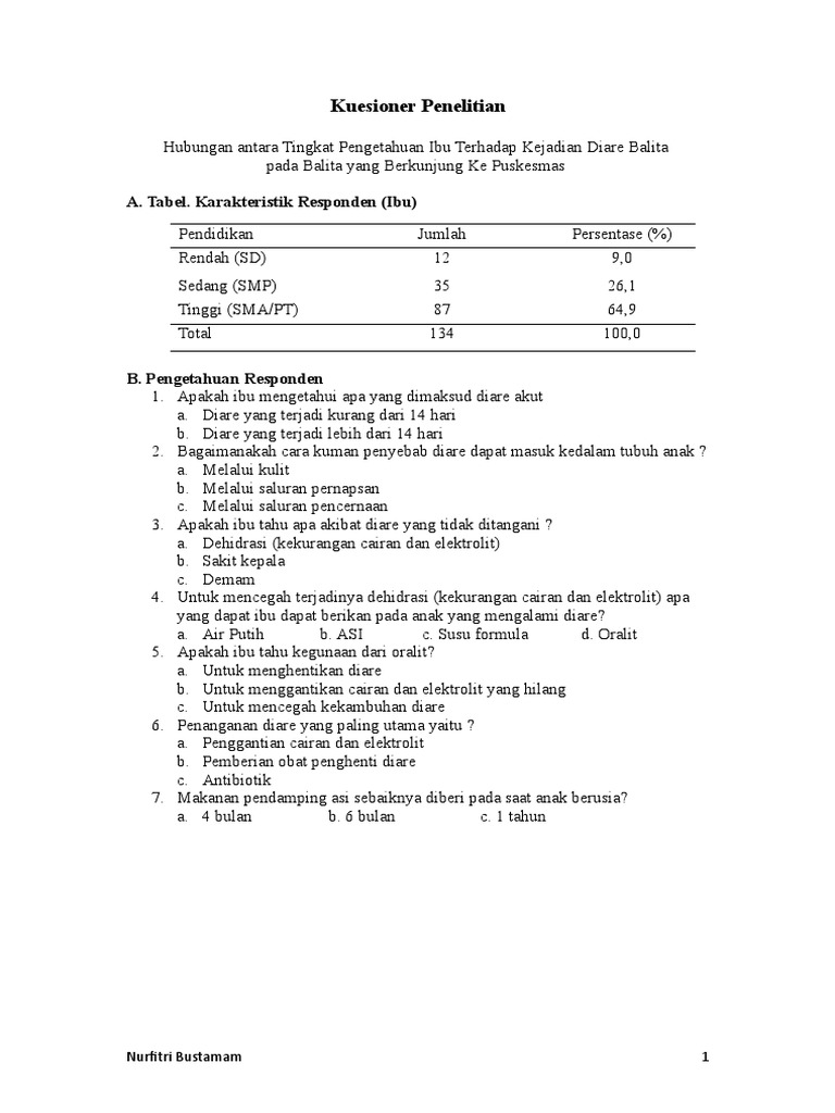 Kuesioner Tingkat Pengetahuan Ibu tentang Diare pada Balita | PDF