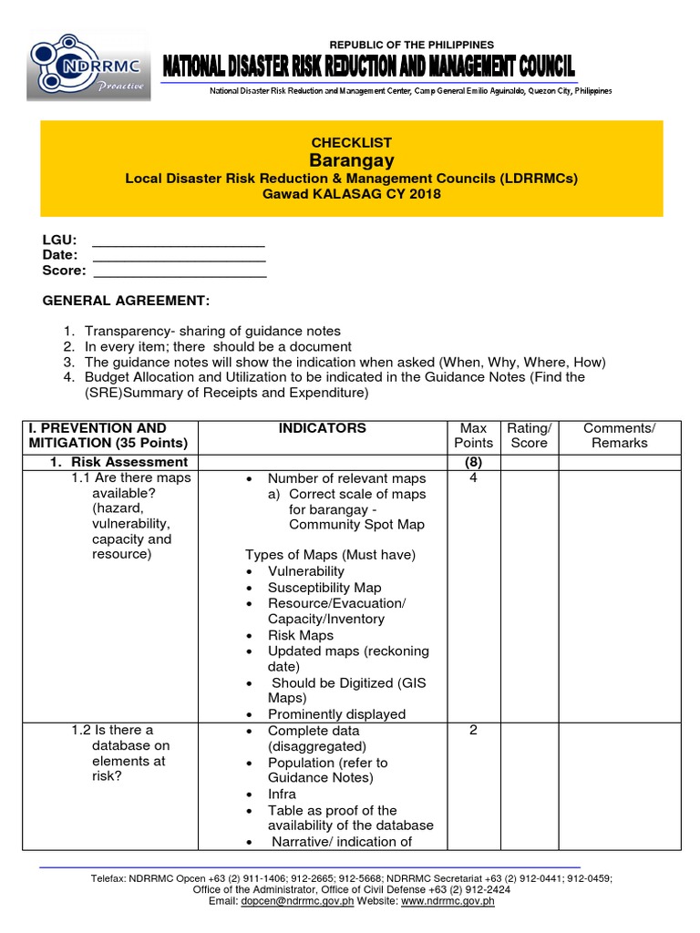 Barangay DRRMC Checklist | PDF | Emergency Management | Risk