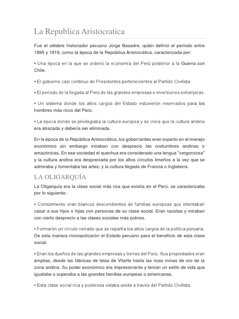 La República Aristocrática en el Perú | PDF | Perú | Política (general)