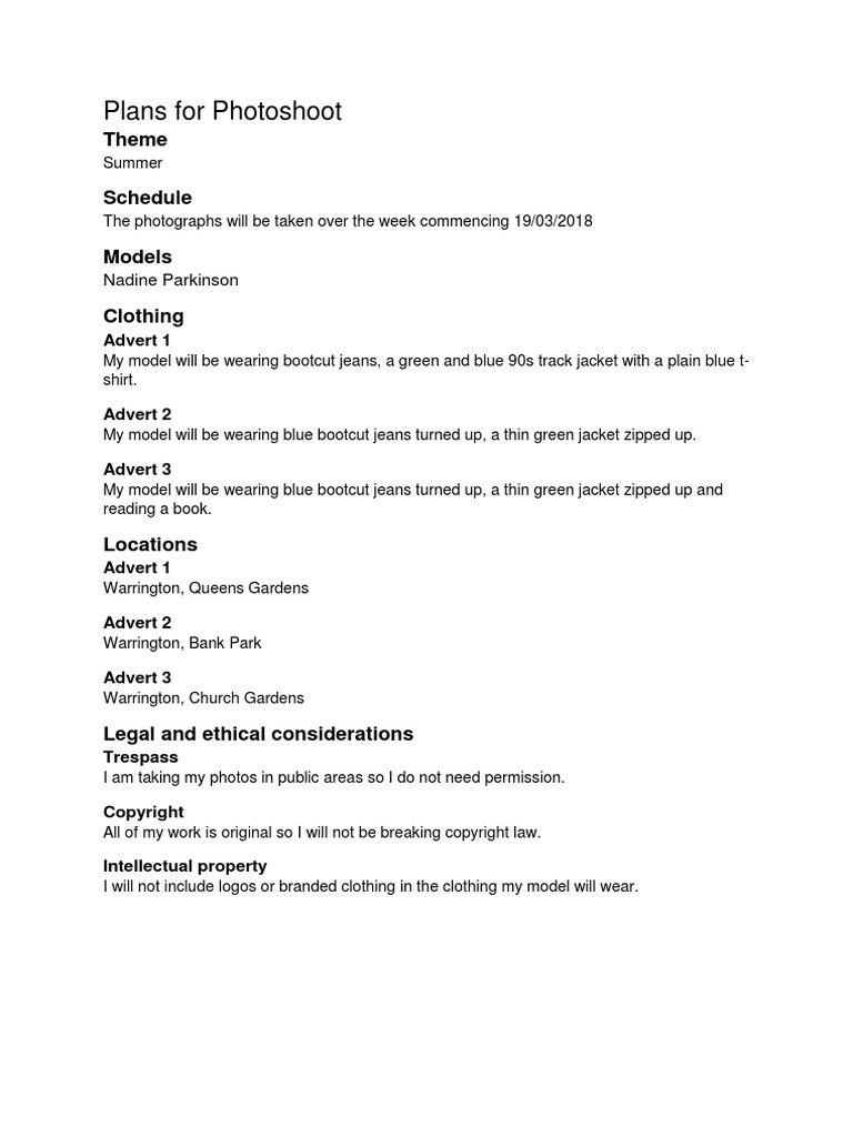 Plans For Photoshoot | PDF