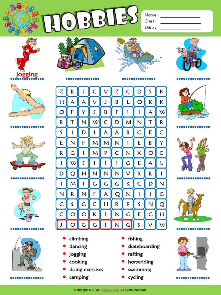 Hobbies Esl Vocabulary Word Search Worksheet For Kids | PDF