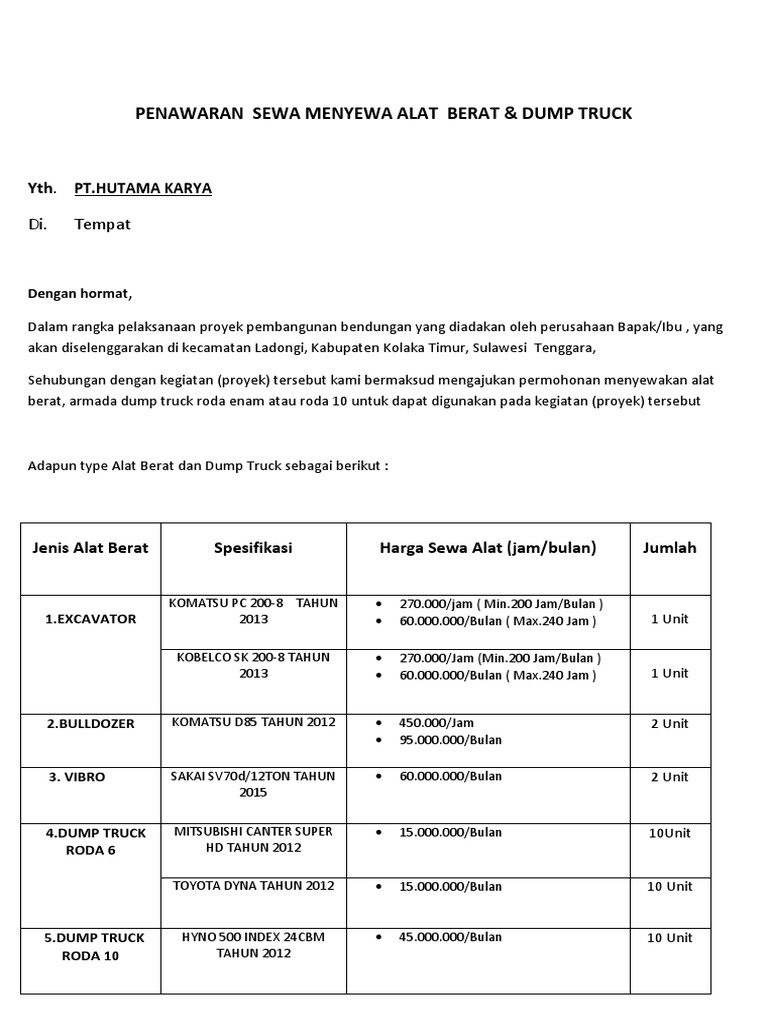 Penawaran Sewa Menyewa Alat Berat 6 | PDF