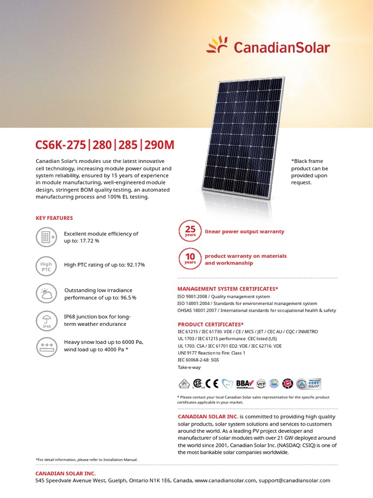 Canadian Solar CS6K Series Datasheet | PDF | Manufactured Goods ...