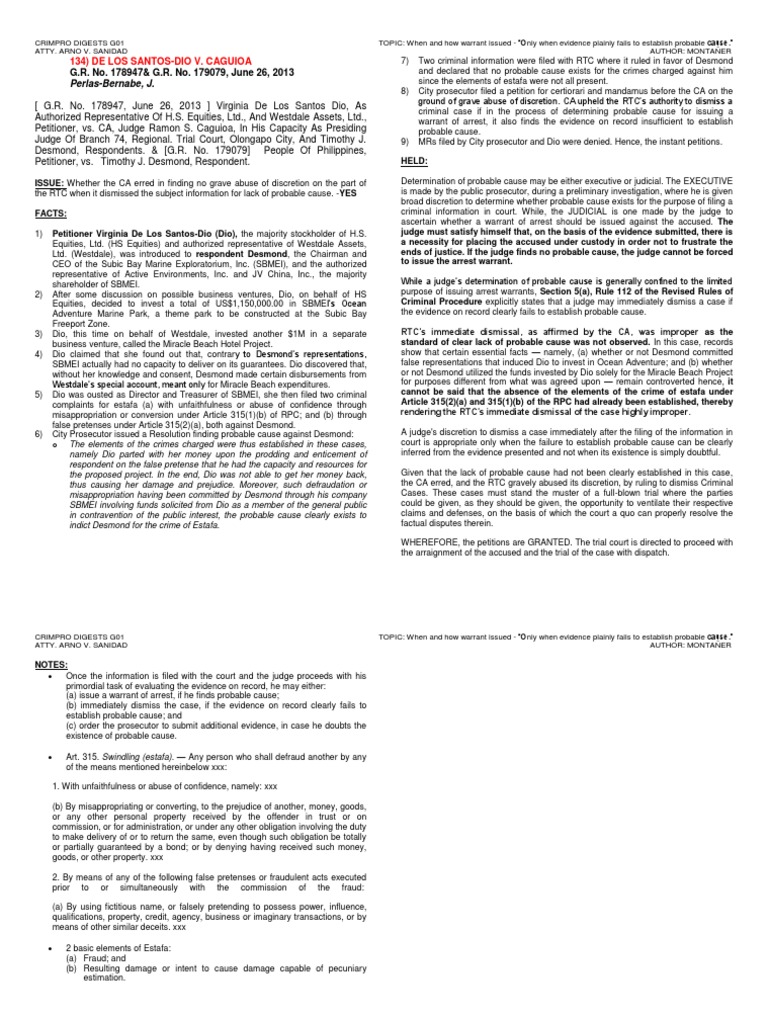 134) de Los Santos-Dio V Caguioa | PDF | Probable Cause | Fraud