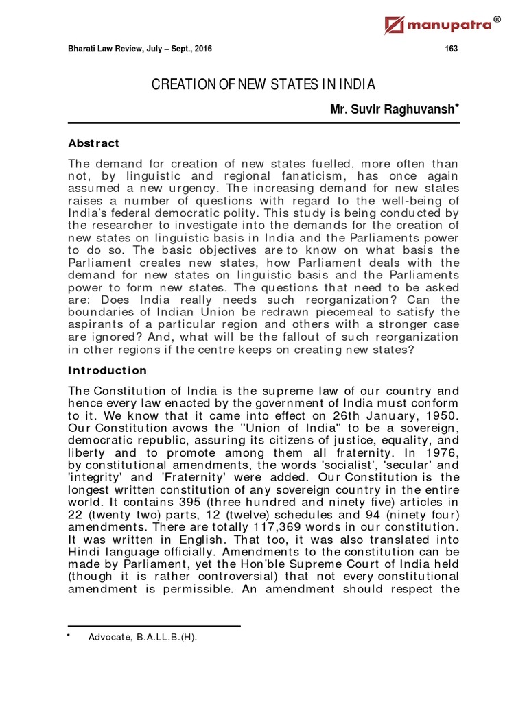 Creation of New States in India: Mr. Suvir Raghuvansh | PDF | U.S ...
