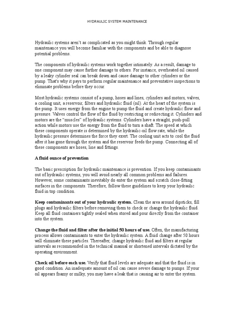 Essential Hydraulic System Maintenance Guide | PDF | Leak | Pump