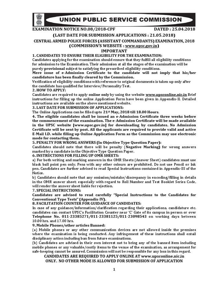 UPSC CAPF Assistant Commandant AC Official Notification 2018 | PDF ...