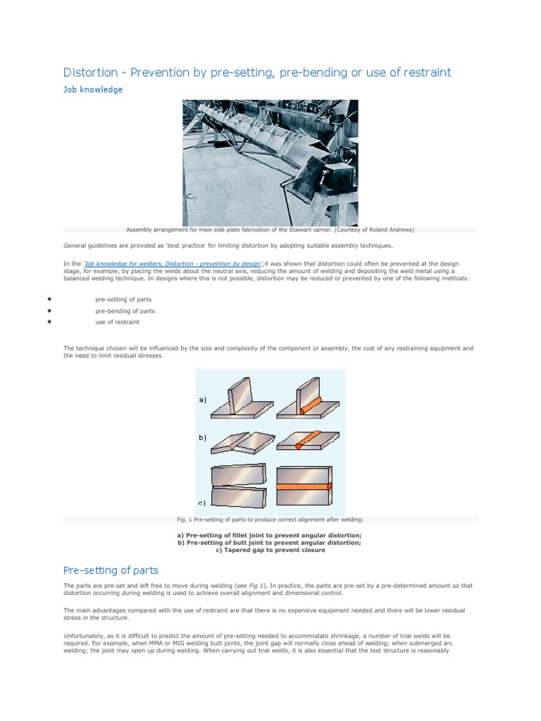 Distortion - Prevention by Pre-setting, Pre-bending or Use of Restraint ...