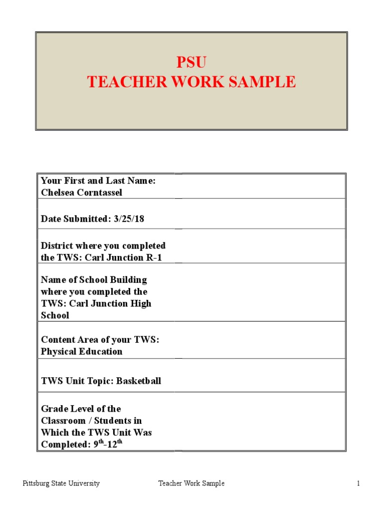 Pittsburg State University Teacher Work Sample 1 | PDF | Educational ...
