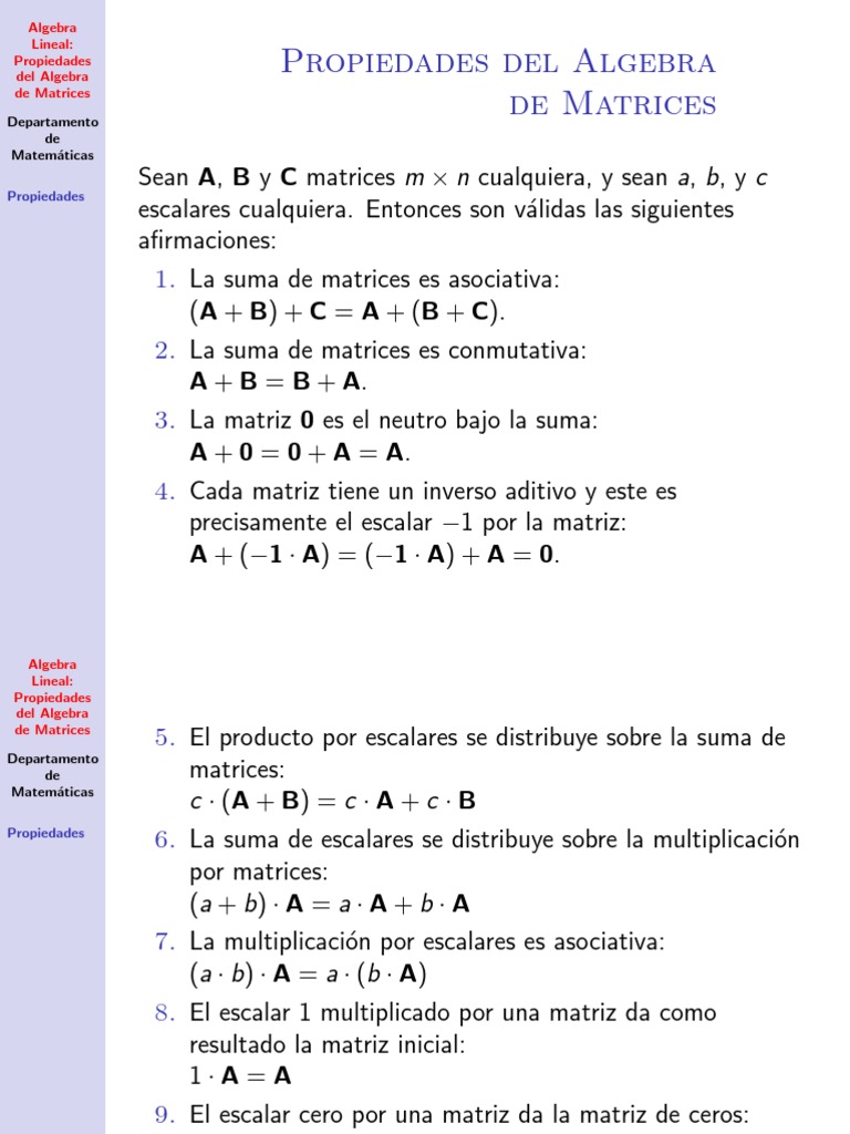Propiedades de Matrices | PDF | Matriz (Matemáticas) | Multiplicación