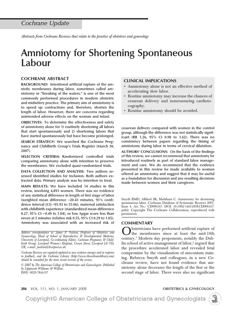 Amniotomy For Shortening Spontaneous Labour: Cochrane Update | PDF ...