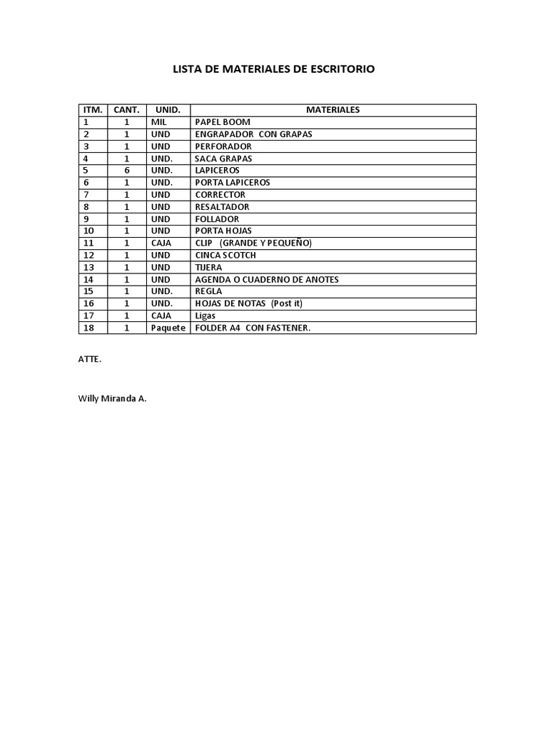Lista De Materiales De Escritorio Pdf