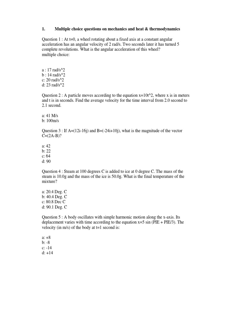 Multiple Choice Questions on Mechanics, Heat and Thermodynamics | PDF ...