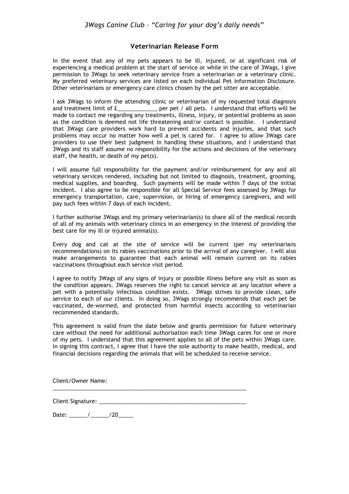 Veterinarian Release Form | PDF | Veterinary Physician | Emergency
