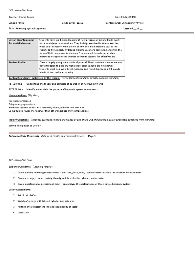 Hydraulic Systems Lesson Plan | PDF | Lesson Plan | Educational Assessment