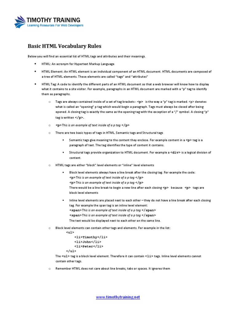 Essential HTML Vocabulary: A Guide to Common HTML Tags, Attributes and ...