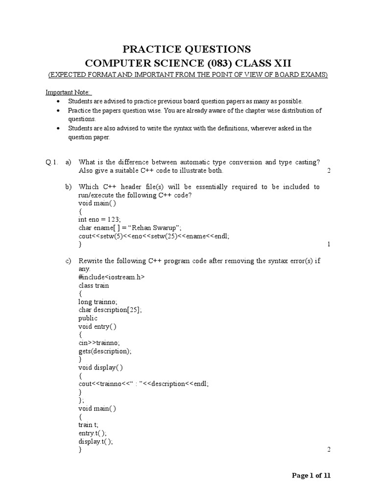 Practice Questions Computer Science (083) Class Xii: Page 1 of 11 | PDF | Method (Computer ...
