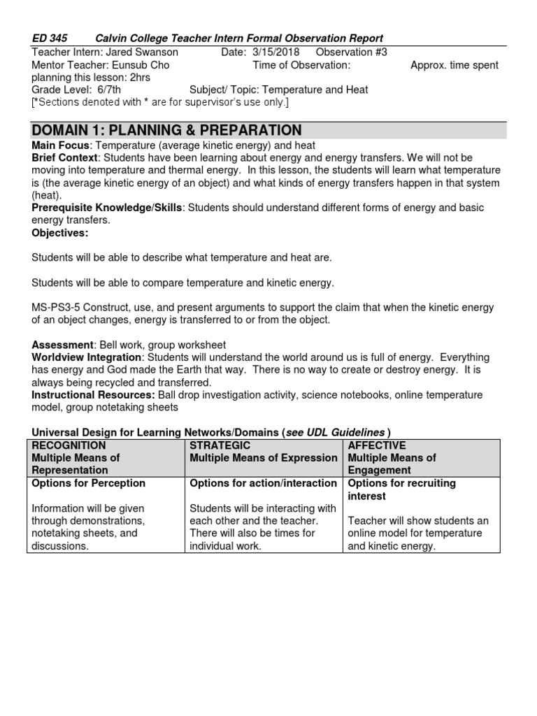 Teacher Observation: Heat & Temperature Lesson | PDF | Temperature | Heat
