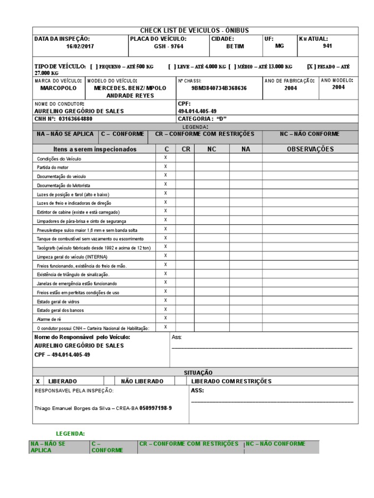 Check List de Veiculos Onibus | PDF | Carteira de Motorista | Transporte
