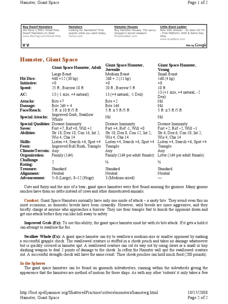 Giant Space Hamster | Dungeons & Dragons | D20 System