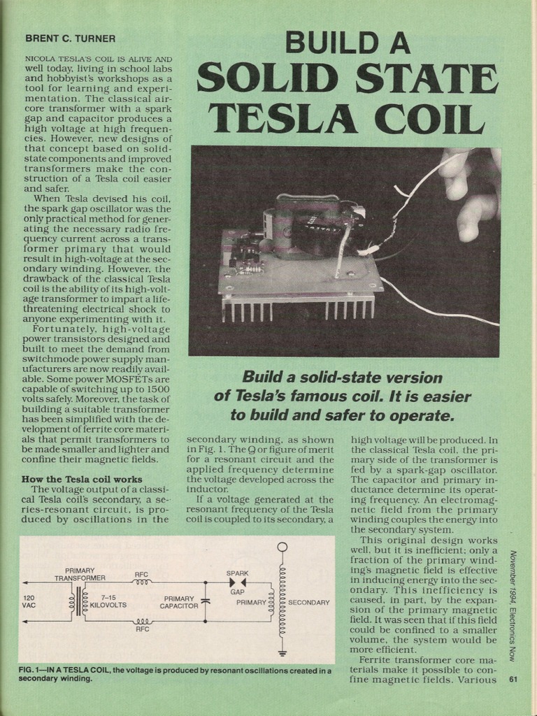 Build A Solid State Tesla Coil - Electronics Now - Nov. 1994 | PDF ...