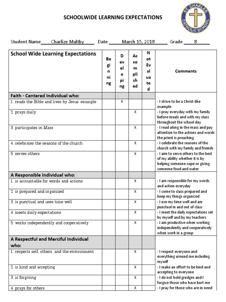 Schoolwide Learning Expectations: Student Name - Charlize Maltby - Date ...
