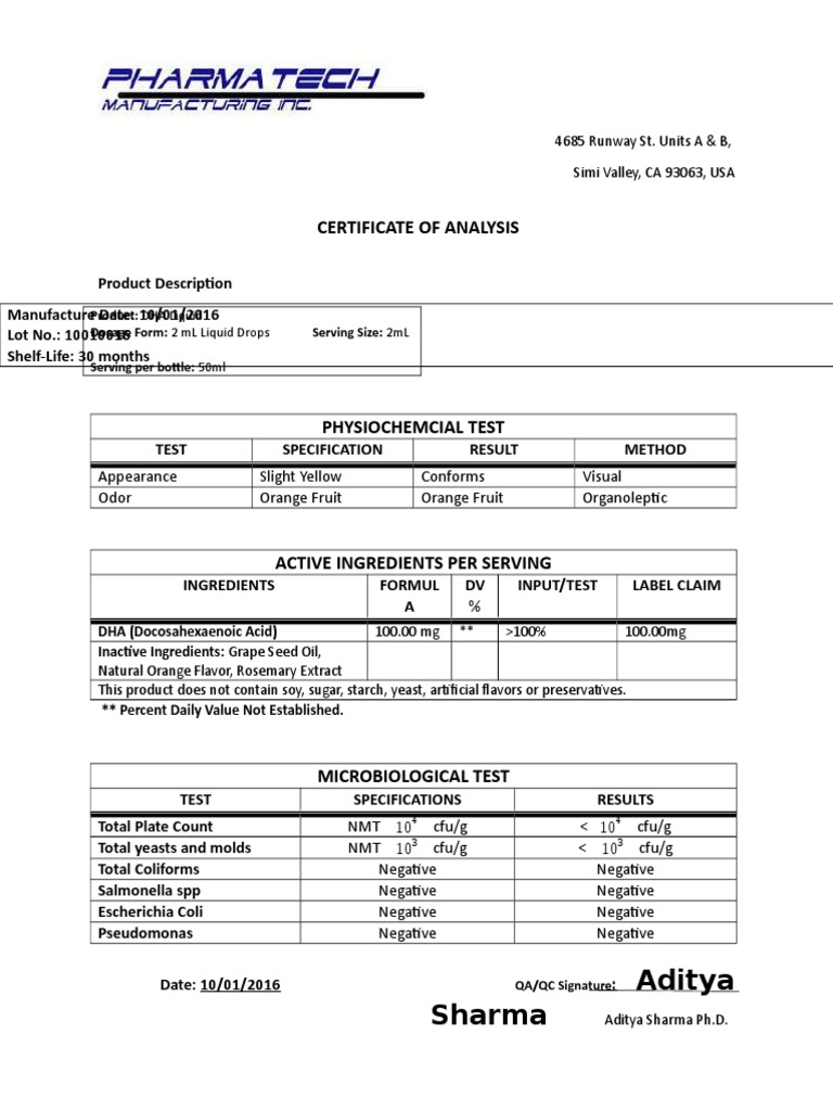 DHA Liquid Certificate of Analysis | PDF | Colony Forming Unit ...