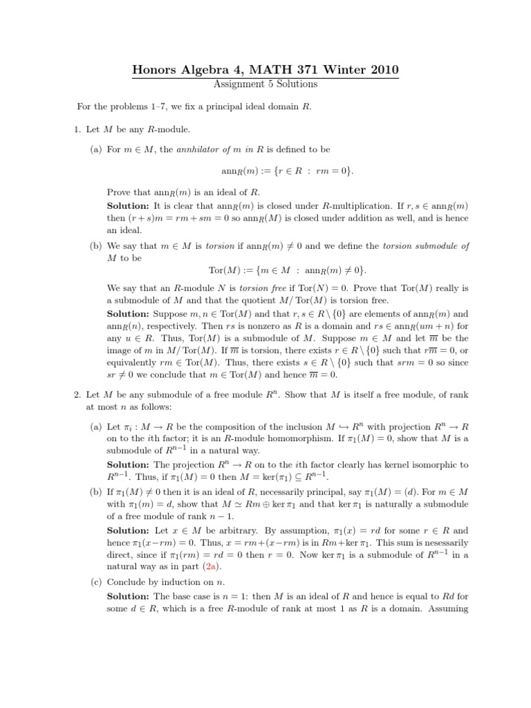 Honors Algebra 4, MATH 371 Winter 2010: Assignment 5 Solutions | PDF ...