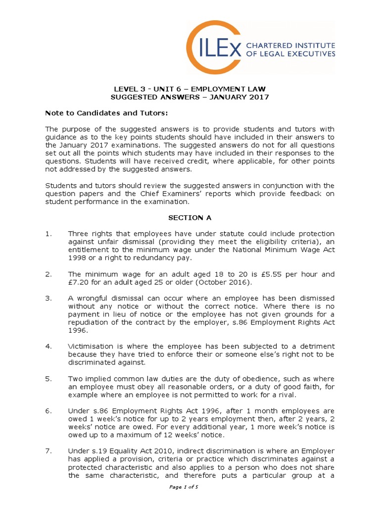 Level 3 - Unit 6 - Employment Law Suggested Answers - January 2017 Note ...