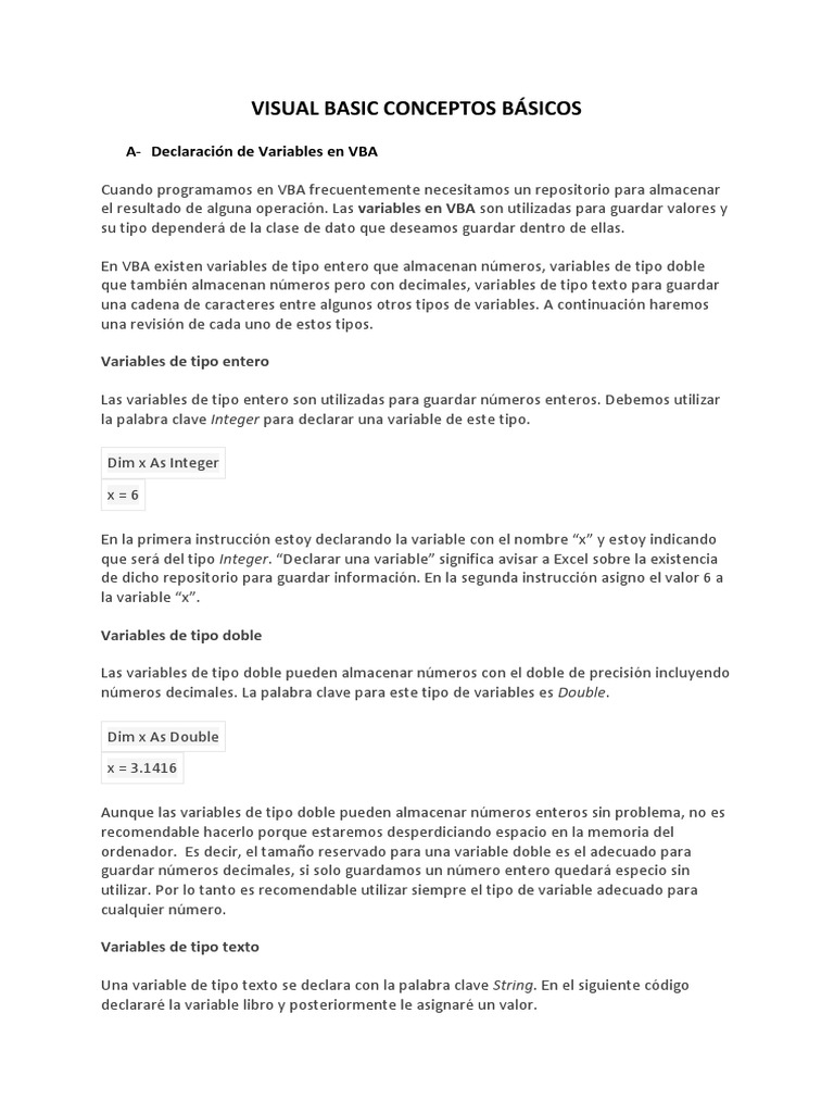 Declaración y tipos de variables en VBA | PDF | Básico | Variable (informática)