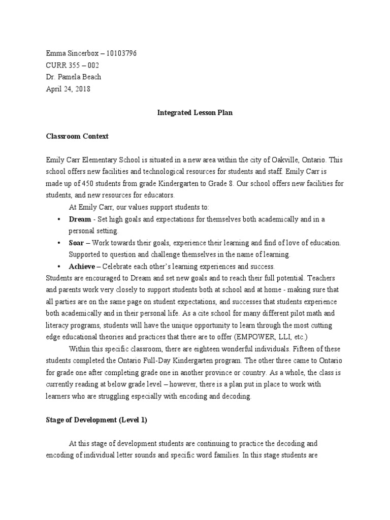 Integrated Lesson Plan Classroom Context | PDF | Learning To Read ...