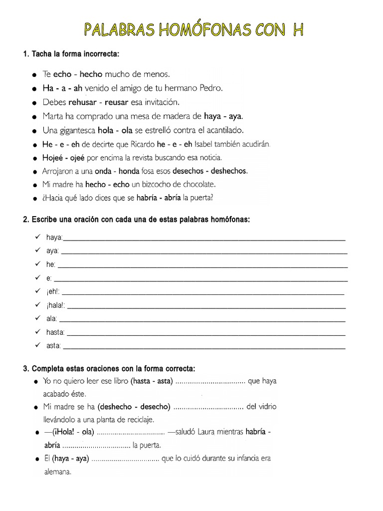 Palabras Homófonas Con H-Ejercicios | PDF | Deportes