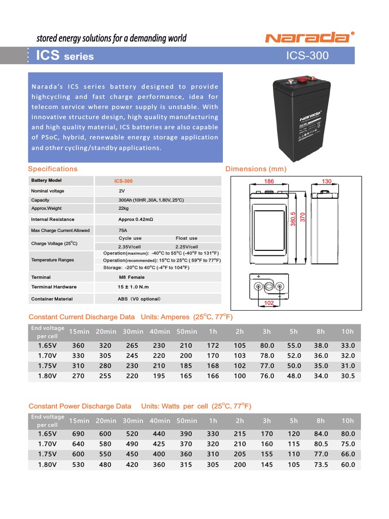 Ics 2v 300 Ahc Narada | Download Free PDF | Battery (Electricity) | Energy Storage