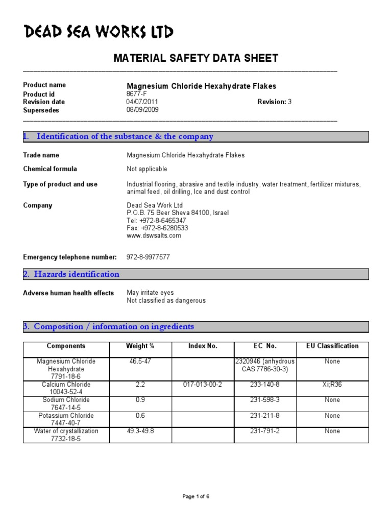 MSDS Magnesium Chloride Hexahydrate Flakes | PDF | Magnesium | Chloride
