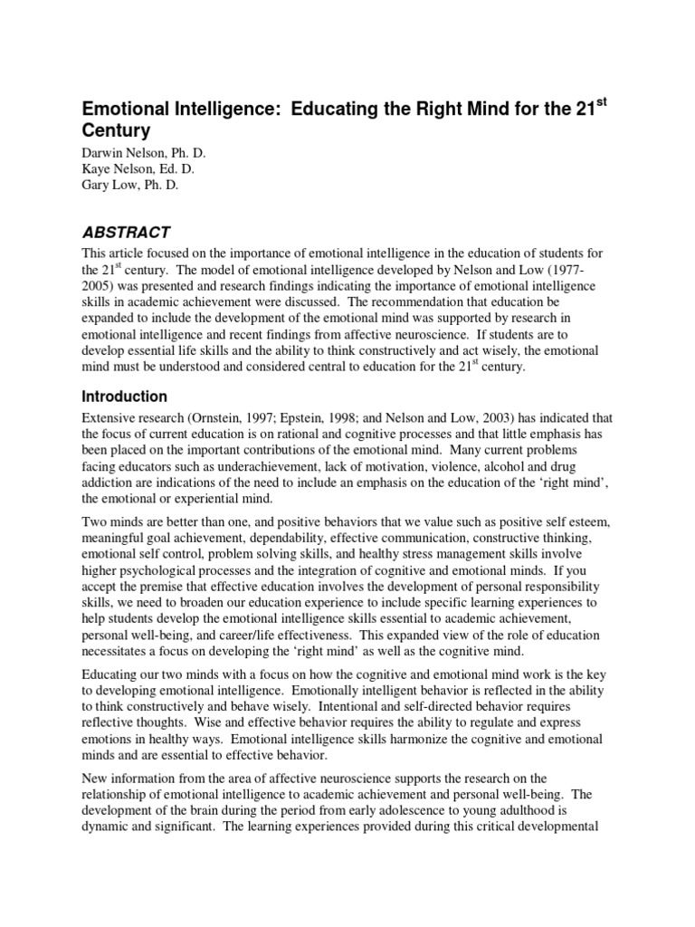 Emotional Intelligence - Educating The Right Mind For The 21st Century ...