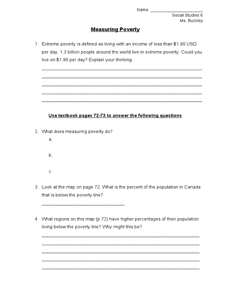 Measuring Poverty Worksheet - Socials 6 | PDF | Poverty Threshold | Poverty